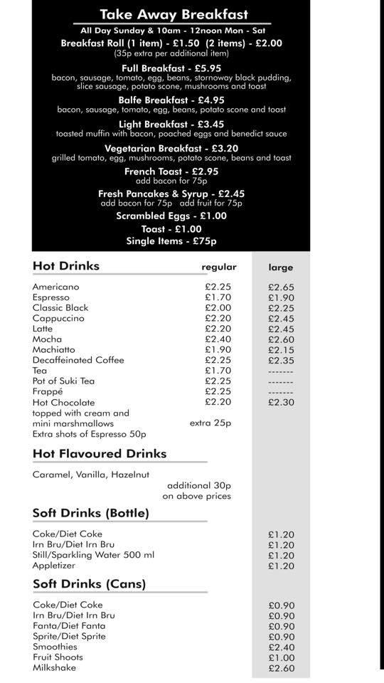 Menu at Cafe Balfe, Greenock