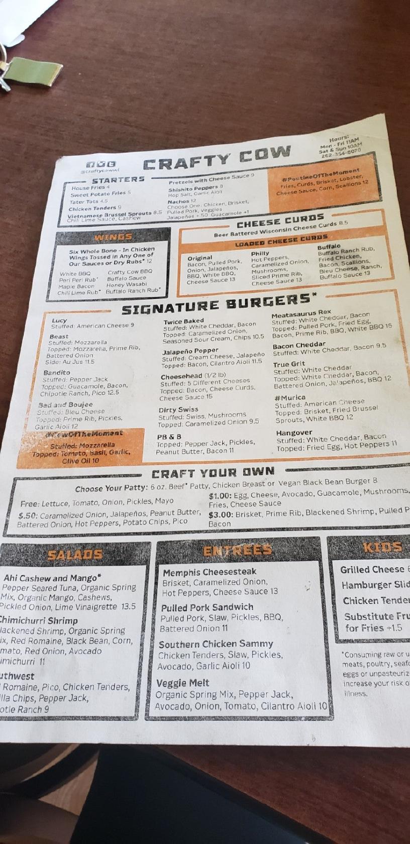 Menu at Crafty Cow - Burgers & Fried Chicken pub & bar, Oconomowoc