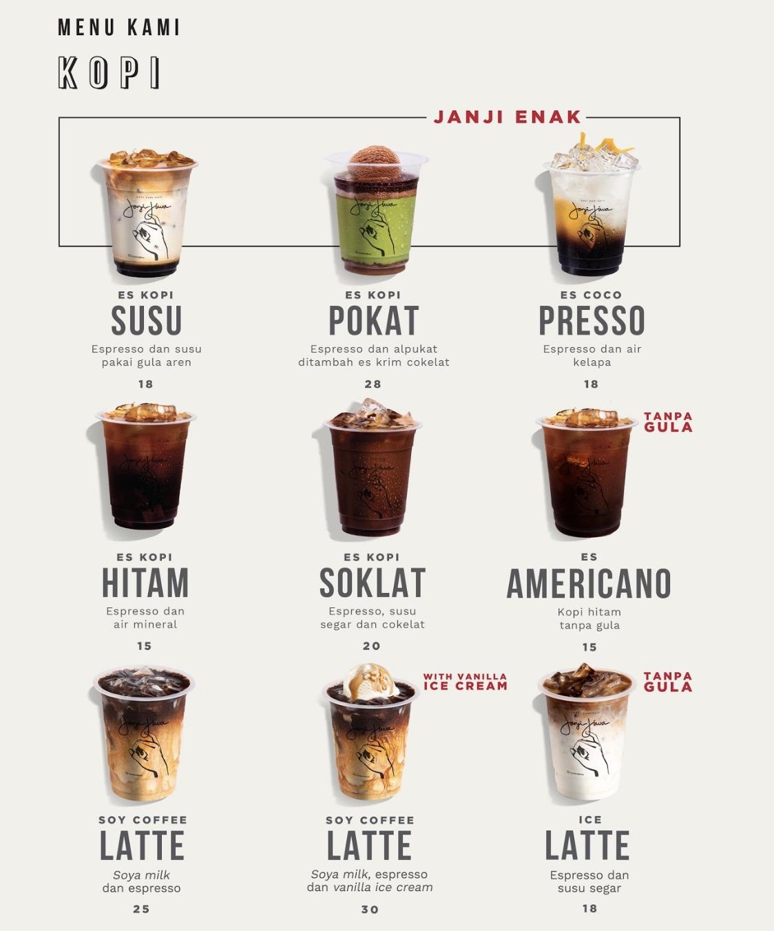 Menu at Kopi Janji Jiwa Kerobokan cafe, Mengwi
