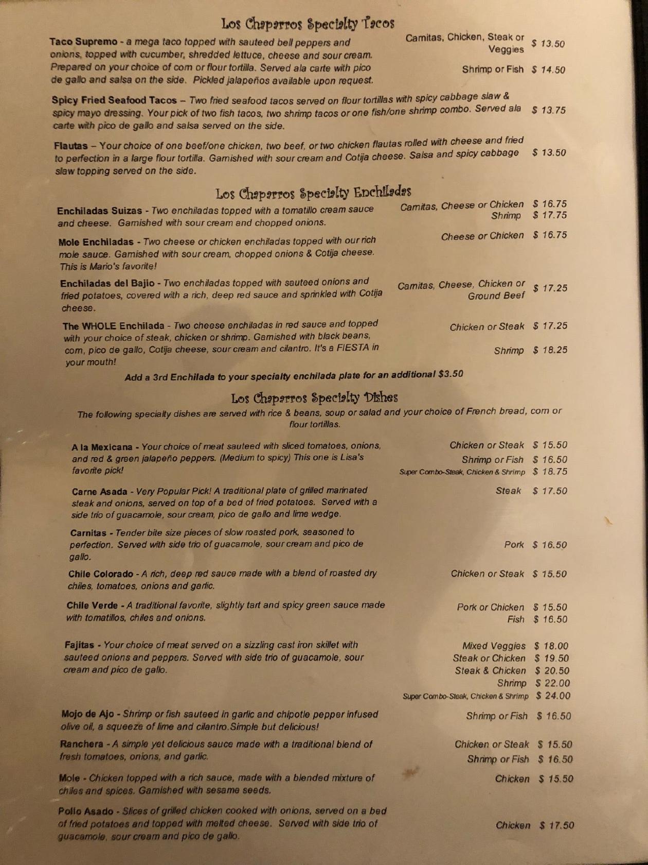 Menu at Los Chaparros Mexican Restaurant, Honolulu