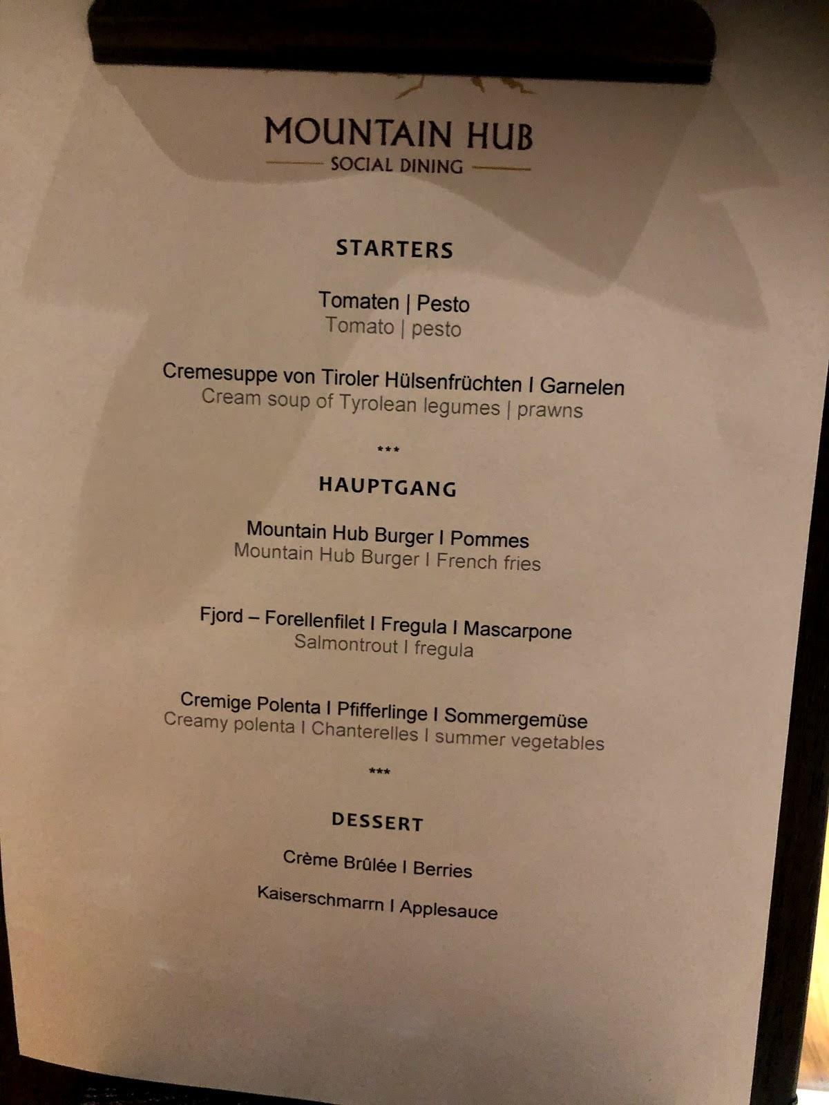 Menu at Mountain Hub Social Dining restaurant, München-Flughafen