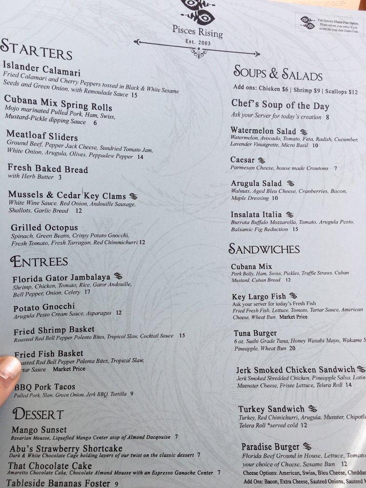 Menu at Pisces Rising steakhouse, Mount Dora