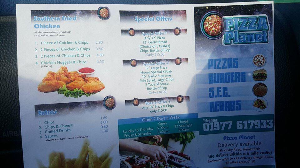 Menu at Pizza Planet pizzeria, Hemsworth
