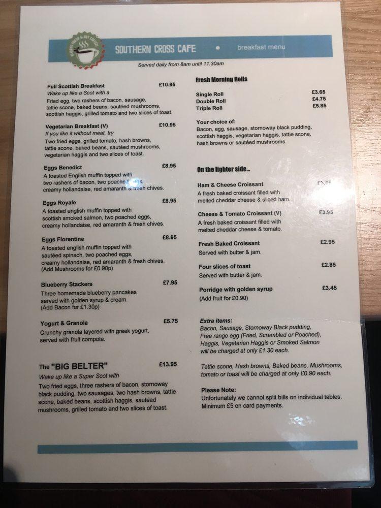 Menu at Southern Cross Cafe, Edinburgh