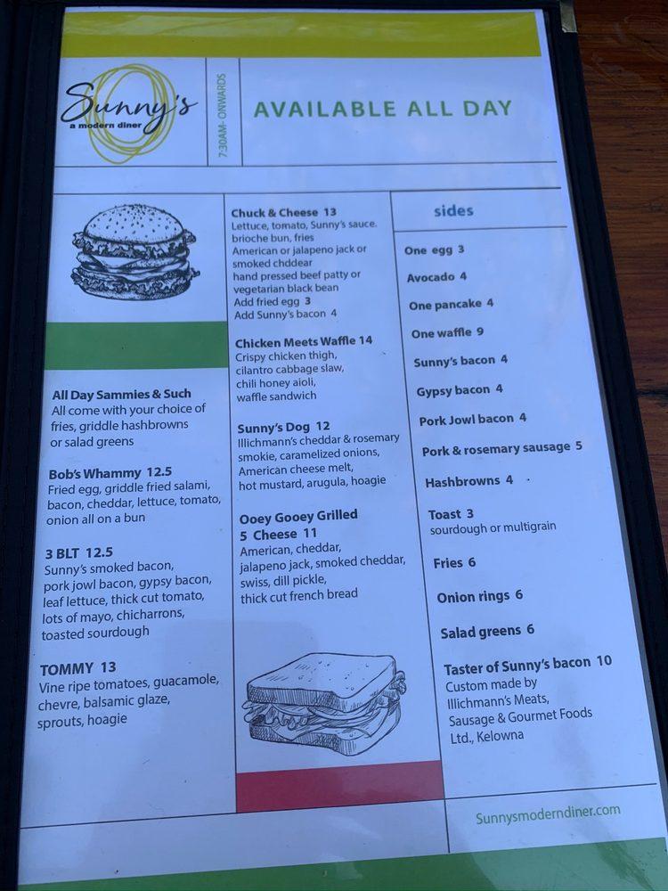 Menu at Sunny's a modern diner restaurant, Kelowna