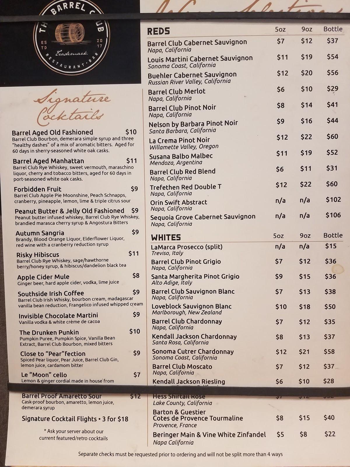 Menu at The Barrel Club, Oak Lawn