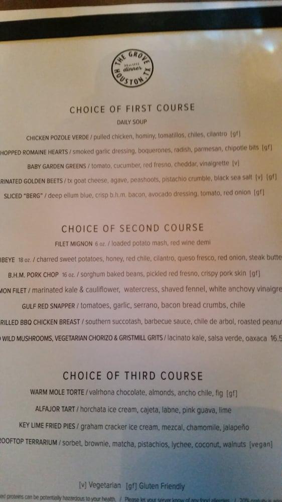 Menu at The Grove restaurant, Houston, Lamar St