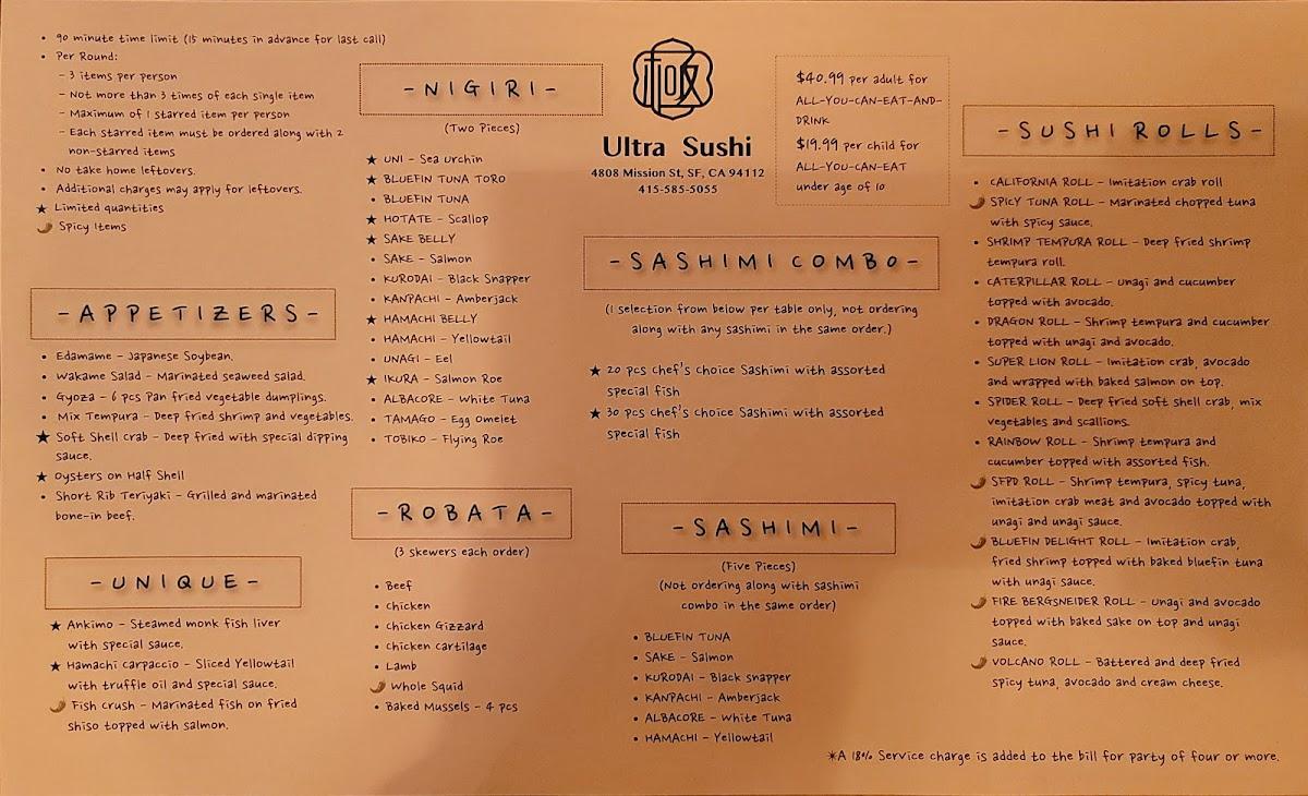 Menu at Ultra Sushi restaurant, San Mateo