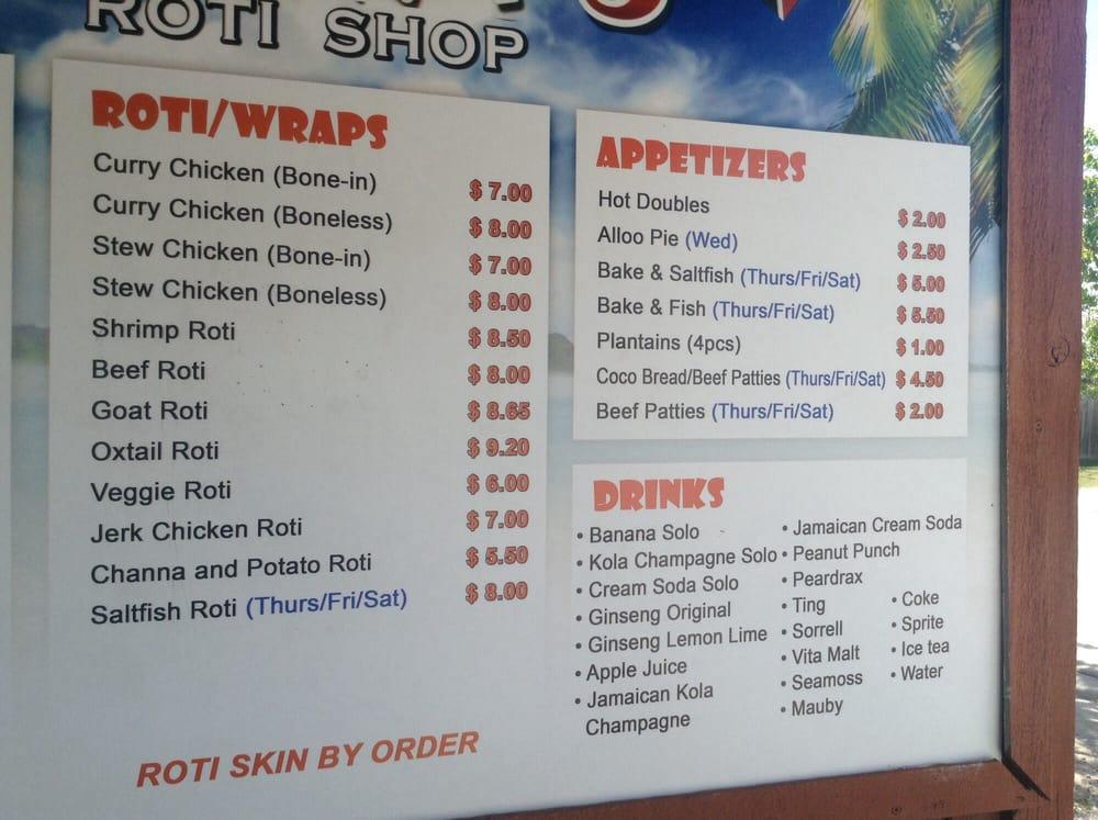 Menu at Asha's Roti Shop restaurant, Baytown