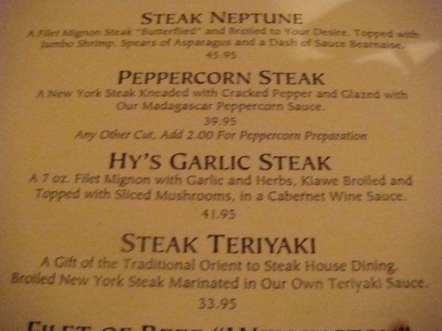 Menu at Hy's Steak House steakhouse, Honolulu
