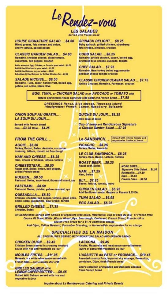 Menu at Le Rendez-vous Café cafe, Las Cruces