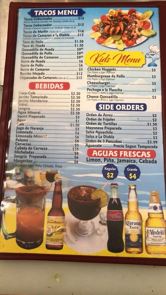 Menu at Mariscos El Moreno restaurant, Lynwood, Atlantic Ave
