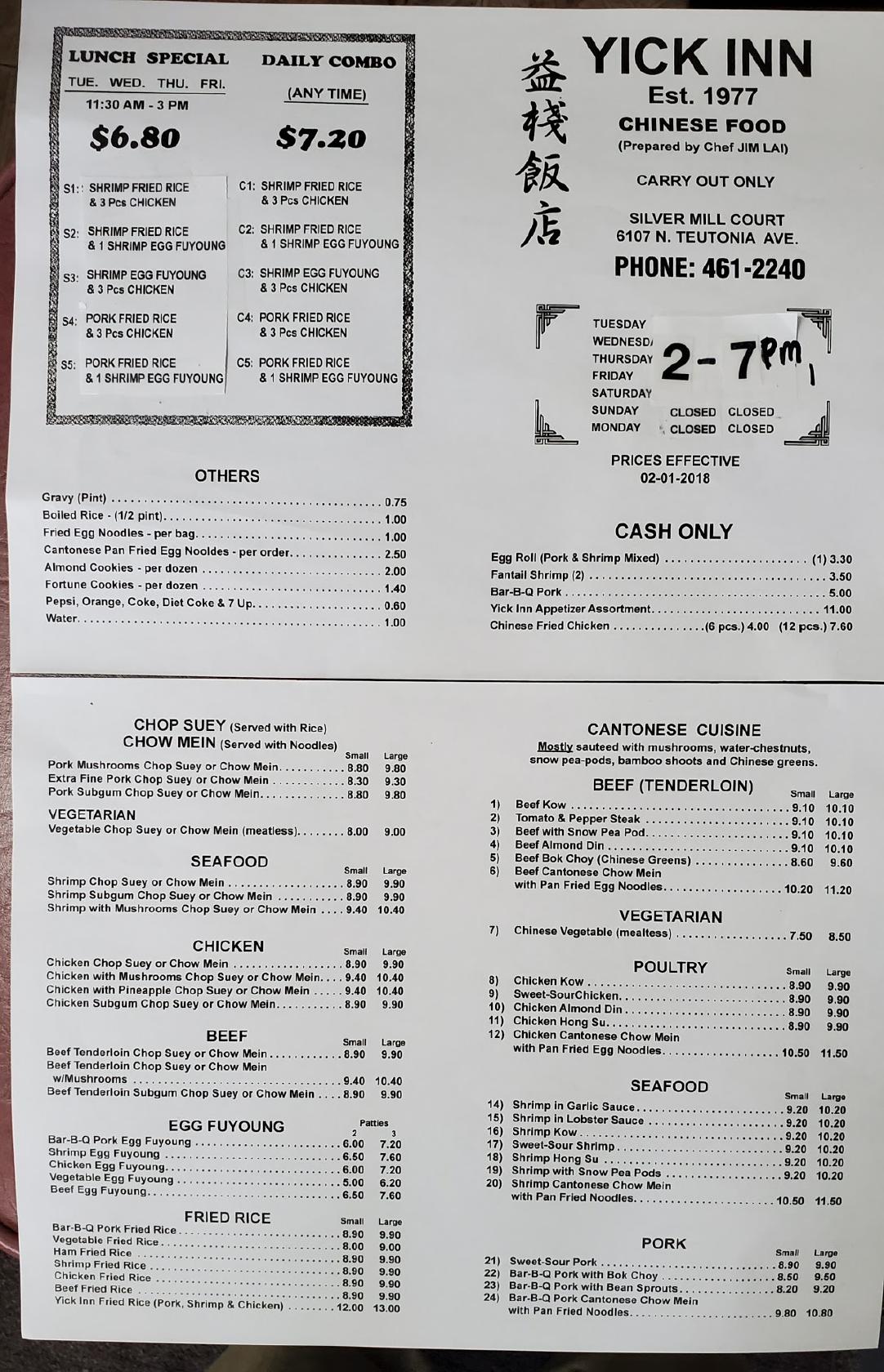 Menu at Yick Inn restaurant, Milwaukee