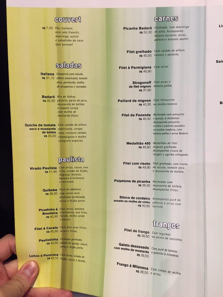 Menu em Badaró restaurante, São Paulo, Morumbi Shopping - Piso Lazer ...
