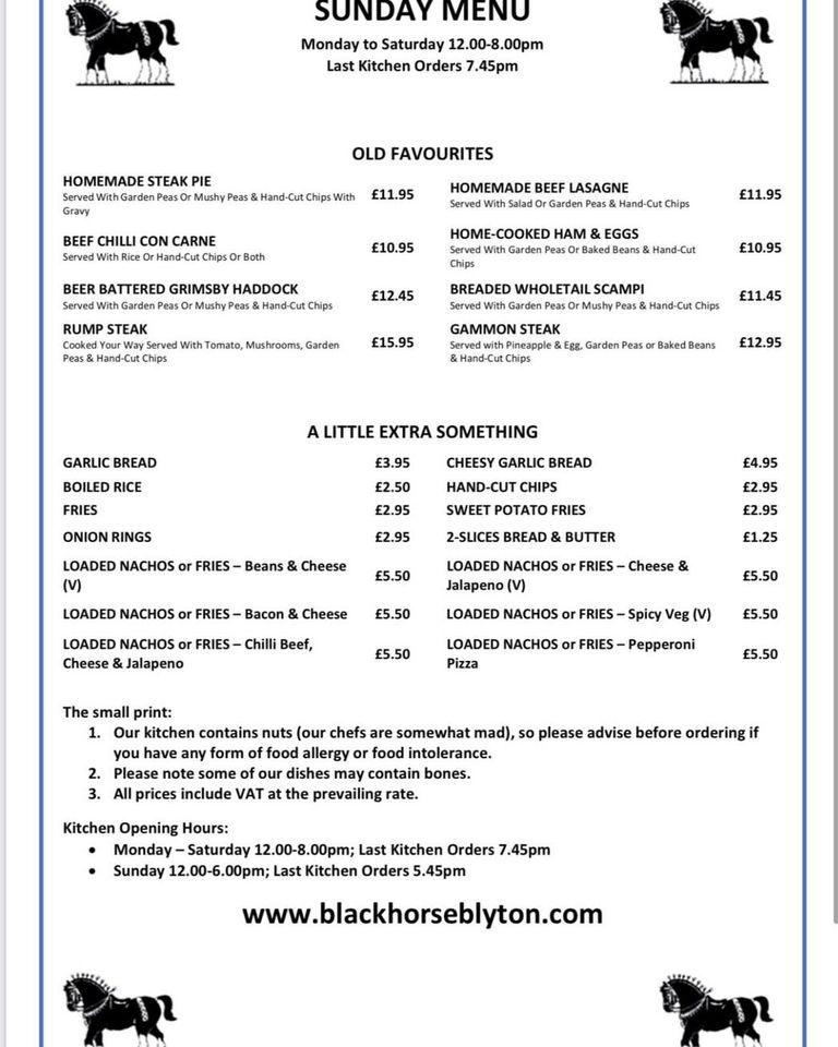 Menu at Black Horse Inn pub & bar, Gainsborough