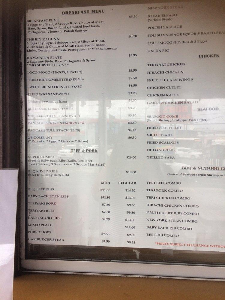 Menu at Bob's Bar-B-Que Restaurants, Honolulu, Dillingham Blvd