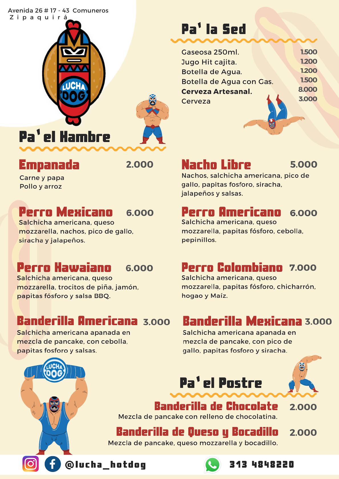 Menu at Lucha HotDog restaurant, Zipaquirá