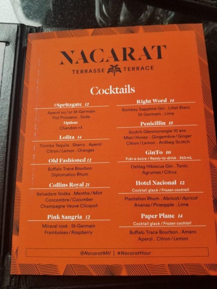 Carta de Nacarat Bar, Queen Elizabeth Hotel, Montreal, Montréal