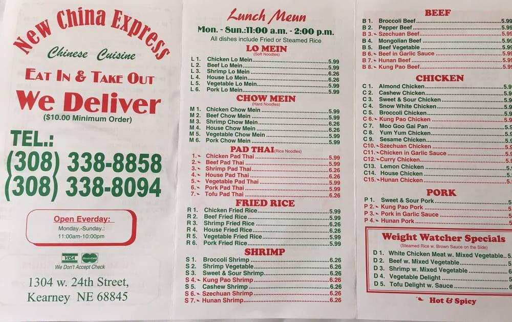 Menu at New China Express restaurant, Kearney