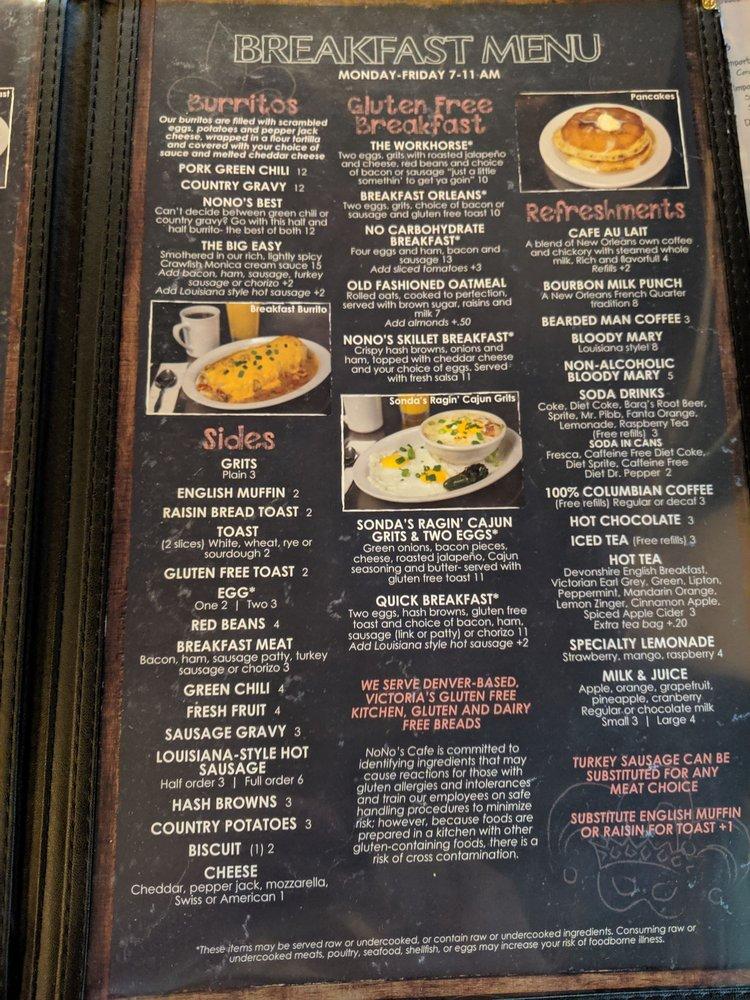 Menu at NoNo's Cafe, Littleton, W County Line Rd