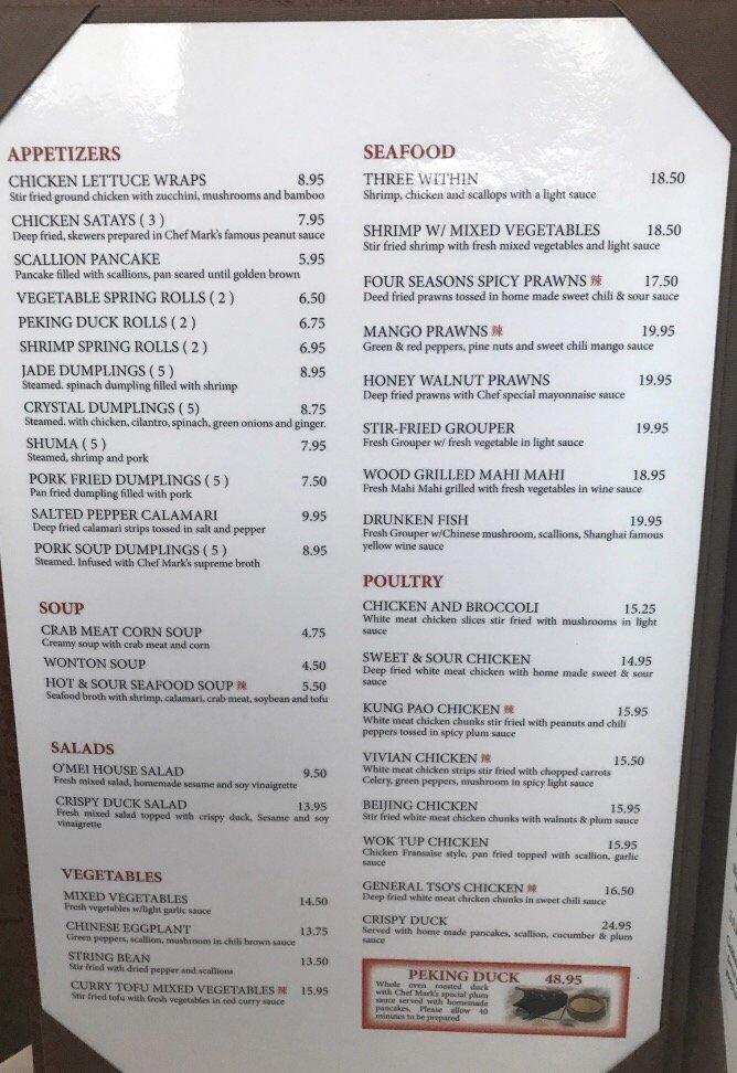 Menu at O'mei Chinese Cuisine restaurant, North Naples, Tamiami Trail N