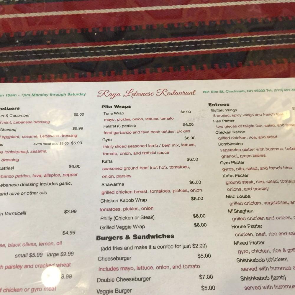 Menu at Raya Lebanese Restaurant, Cincinnati