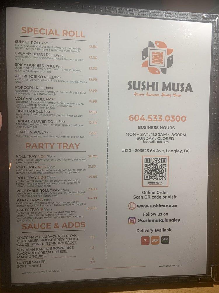 Menu at Sushi Musa restaurant, Langley Township