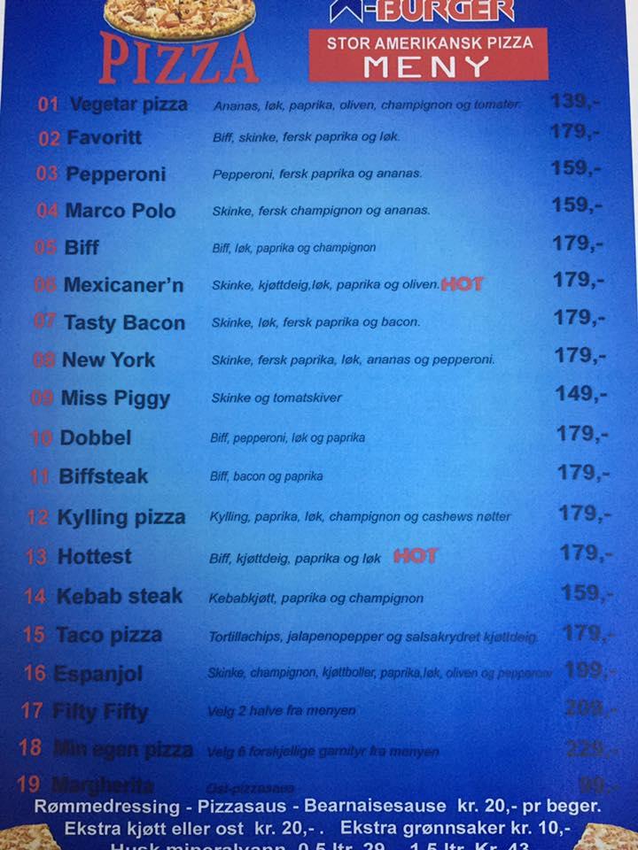 Menu at X Burger restaurant, Oslo, brådalsstubben 1-3
