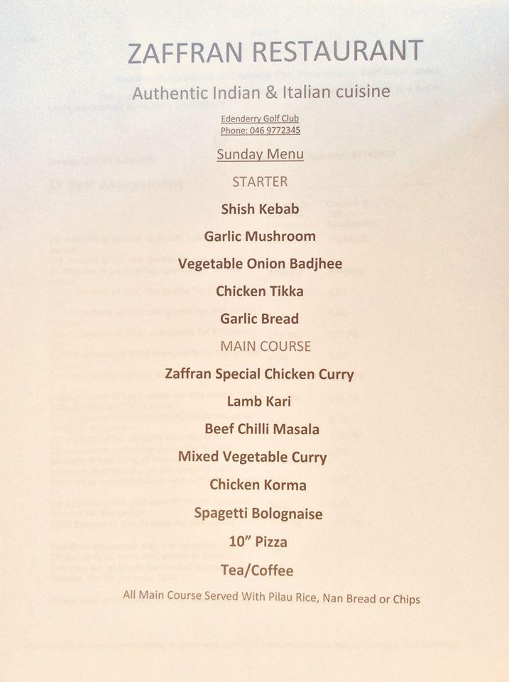 Menu at Zaffran Restaurant Edenderry, Edenderry