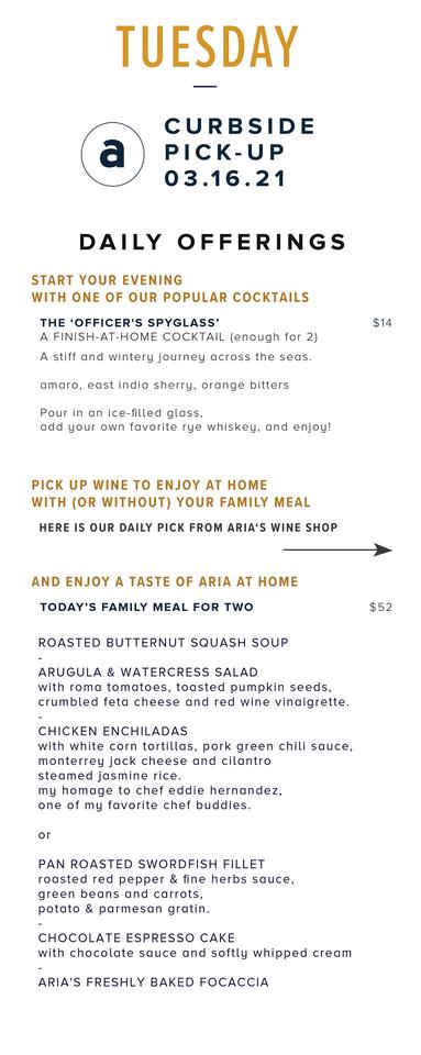 Menu at Aria restaurant, Atlanta