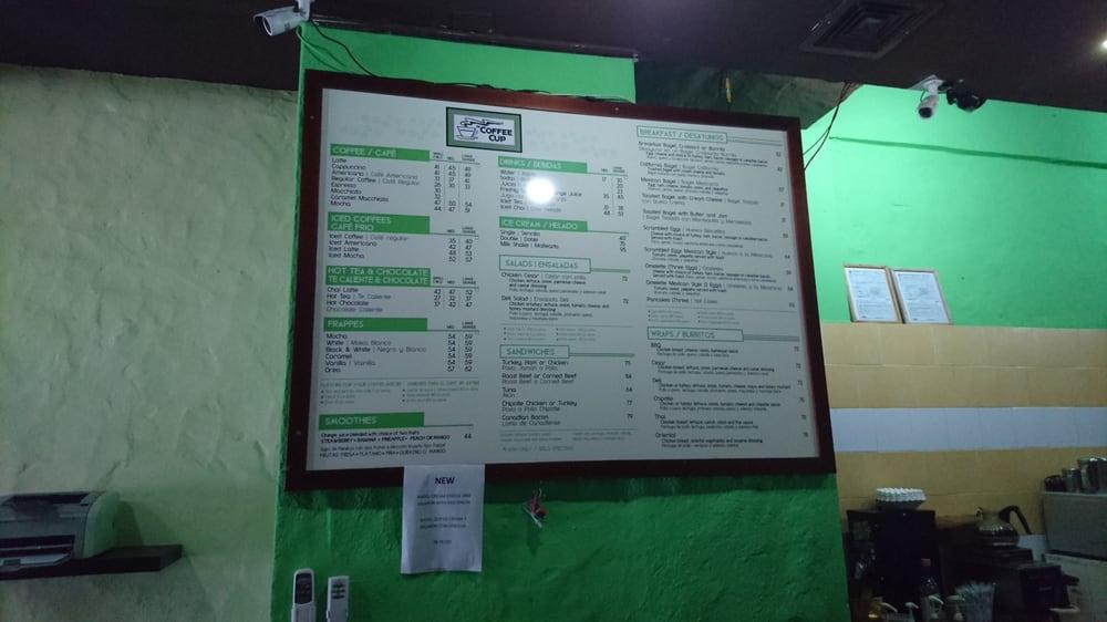 Menu at Coffee Cup cafeteria, Puerto Vallarta, Paseo de La Marina 14-A