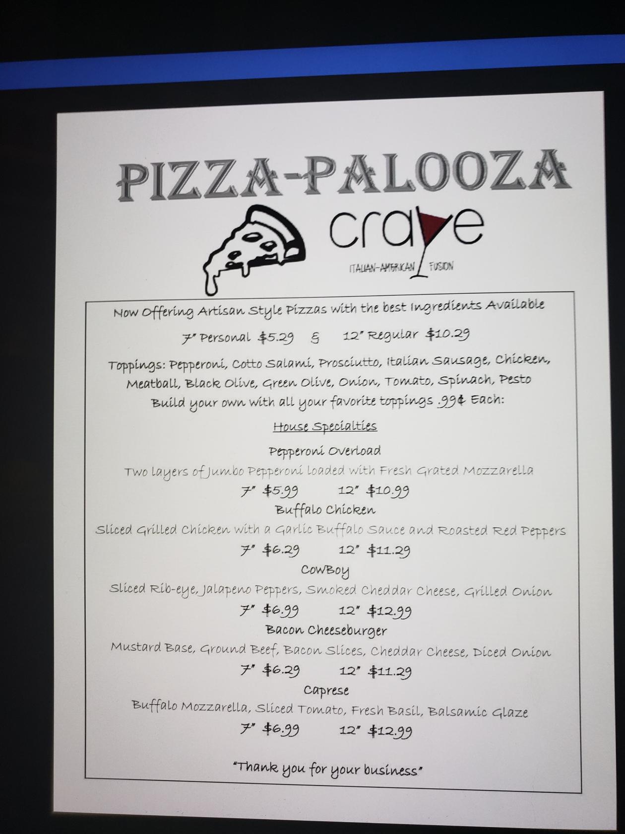 Menu at Crave restaurant, Sparta