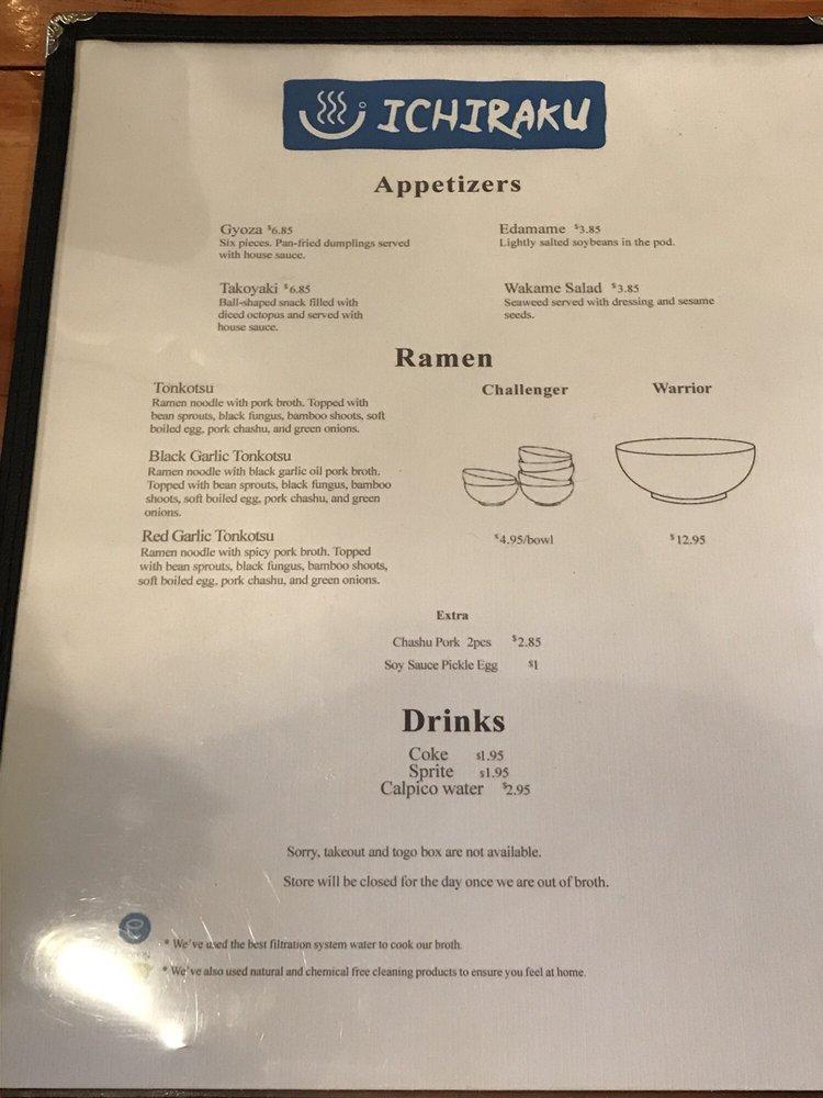 Menu at Ichiraku Ramen restaurant, San Francisco, Geary Blvd