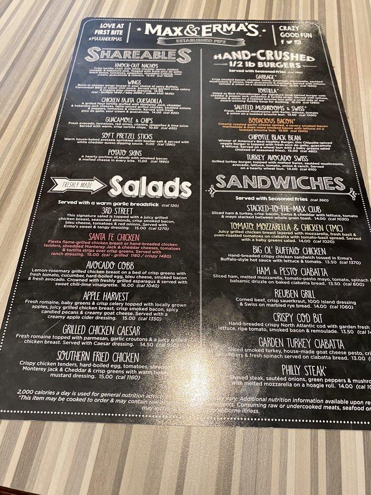 Menu at Max & Erma's restaurant, Detroit, 1 Detroit Metro Airport ...