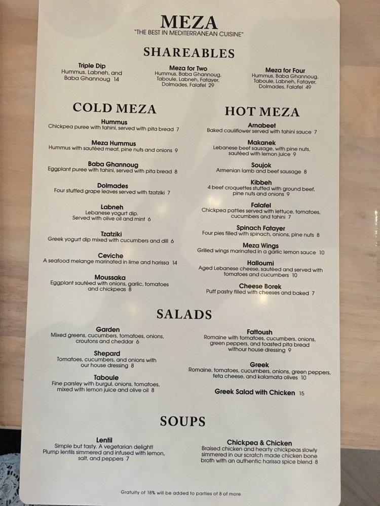 Menu at Meza Mediterranean Grill restaurant, Orlando, Jake St