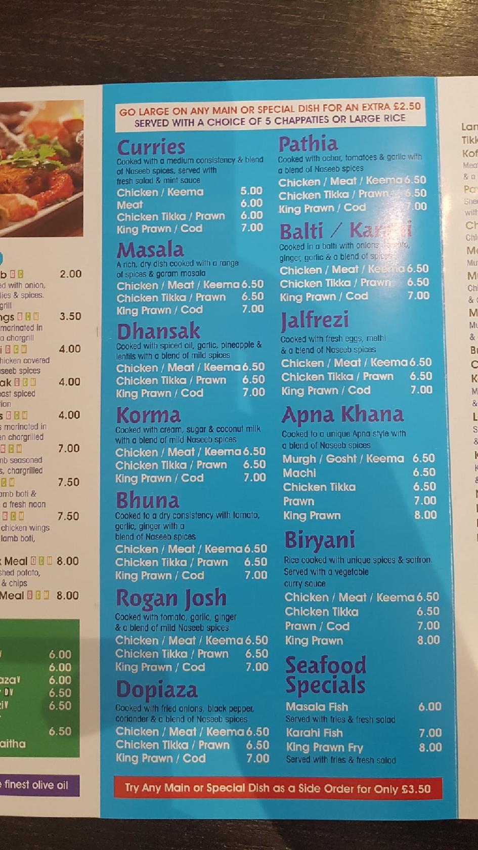 Menu at Naseeb restaurant, Bradford, 12 Clayton Rd