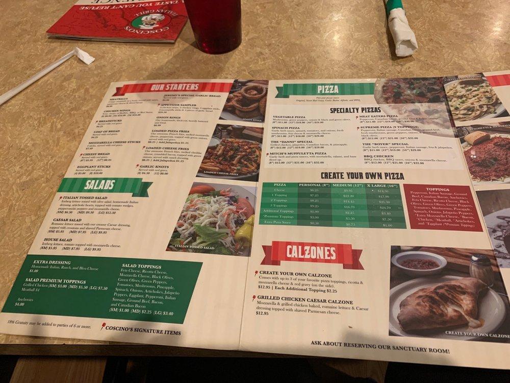Menu at Coscino's Italian Grill pizzeria, Mandeville