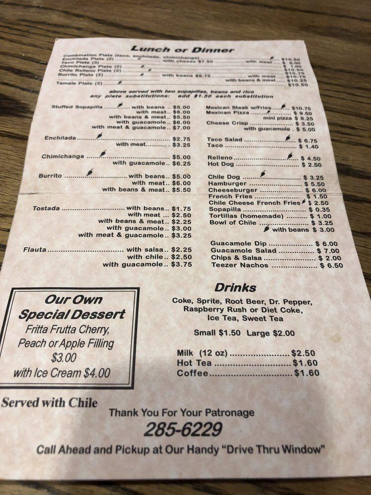 Menu at El Cafecito, Grants