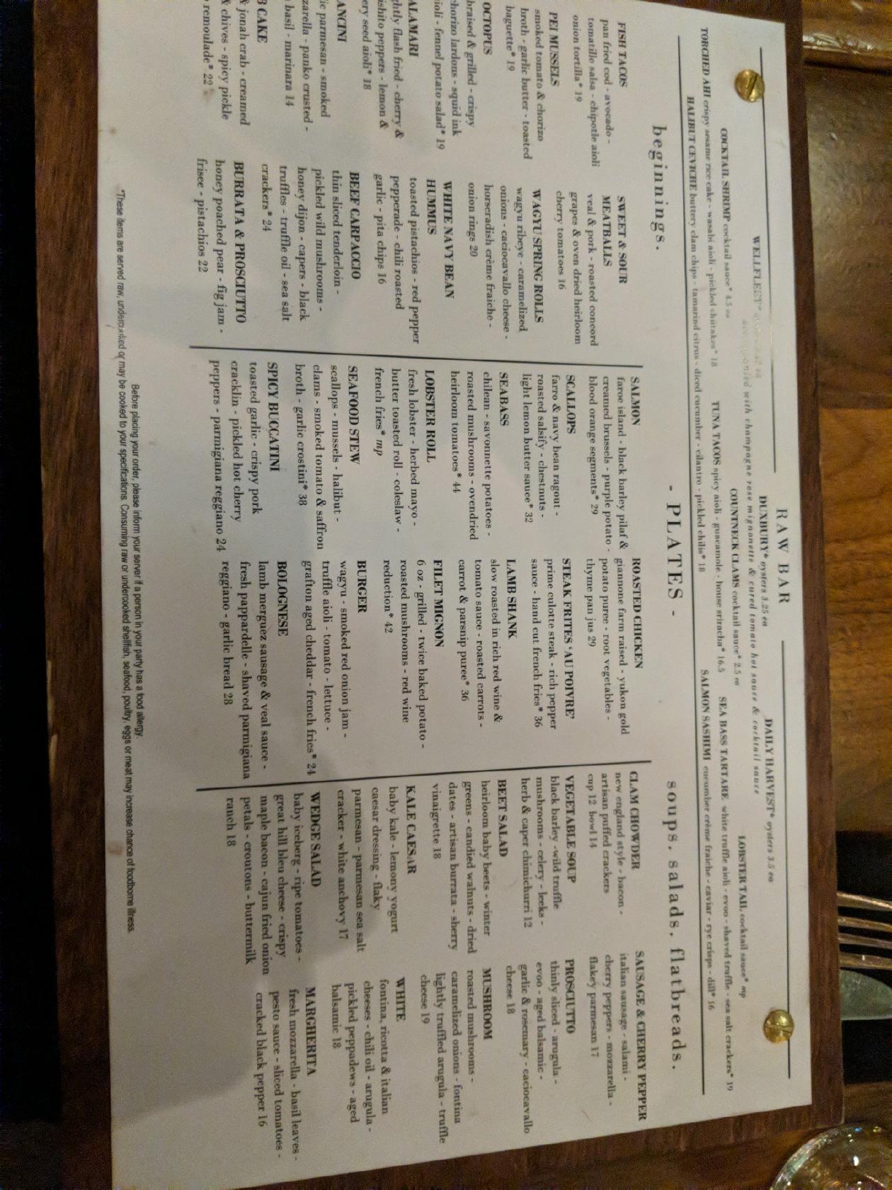 Carta de Fin Point Oyster Bar + Grille, Boston