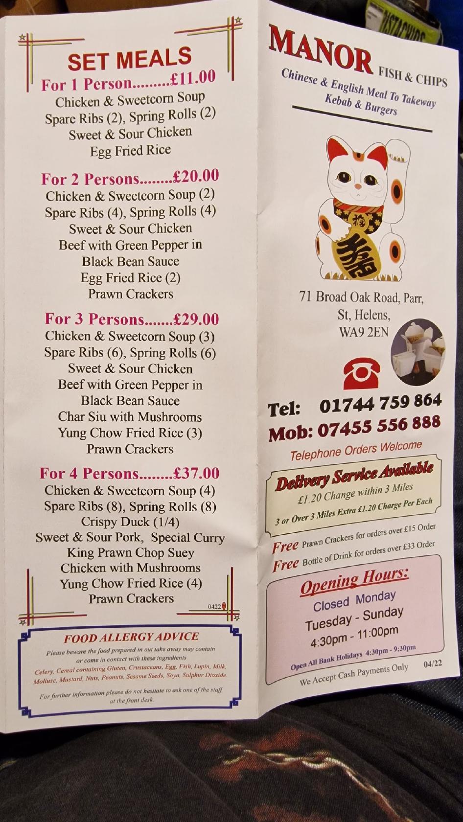 Menu at Manor Fish & Chips, St Helens
