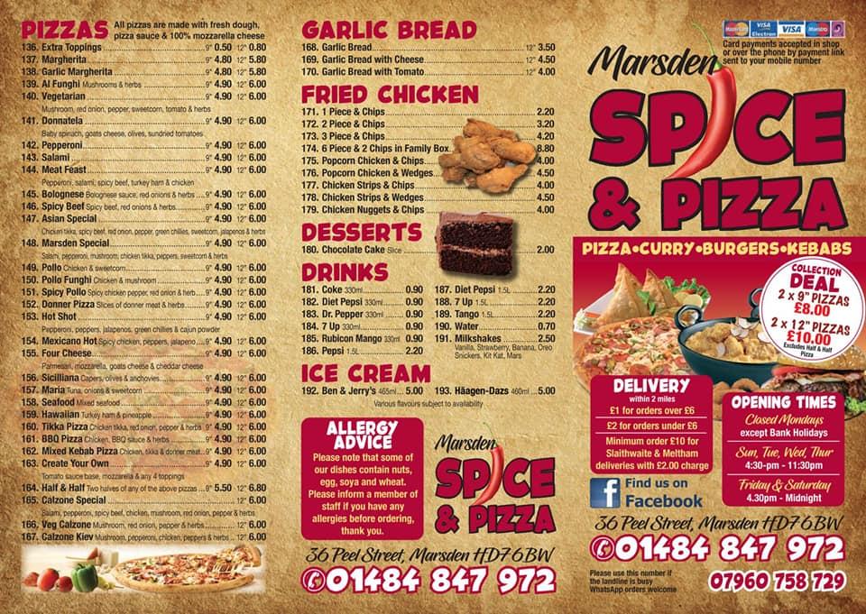 Menu at Marsden Spice & Pizza pizzeria, Marsden