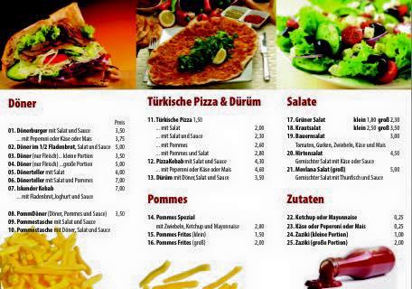 Menu at Mevlana Imbiss fast food, Leverkusen