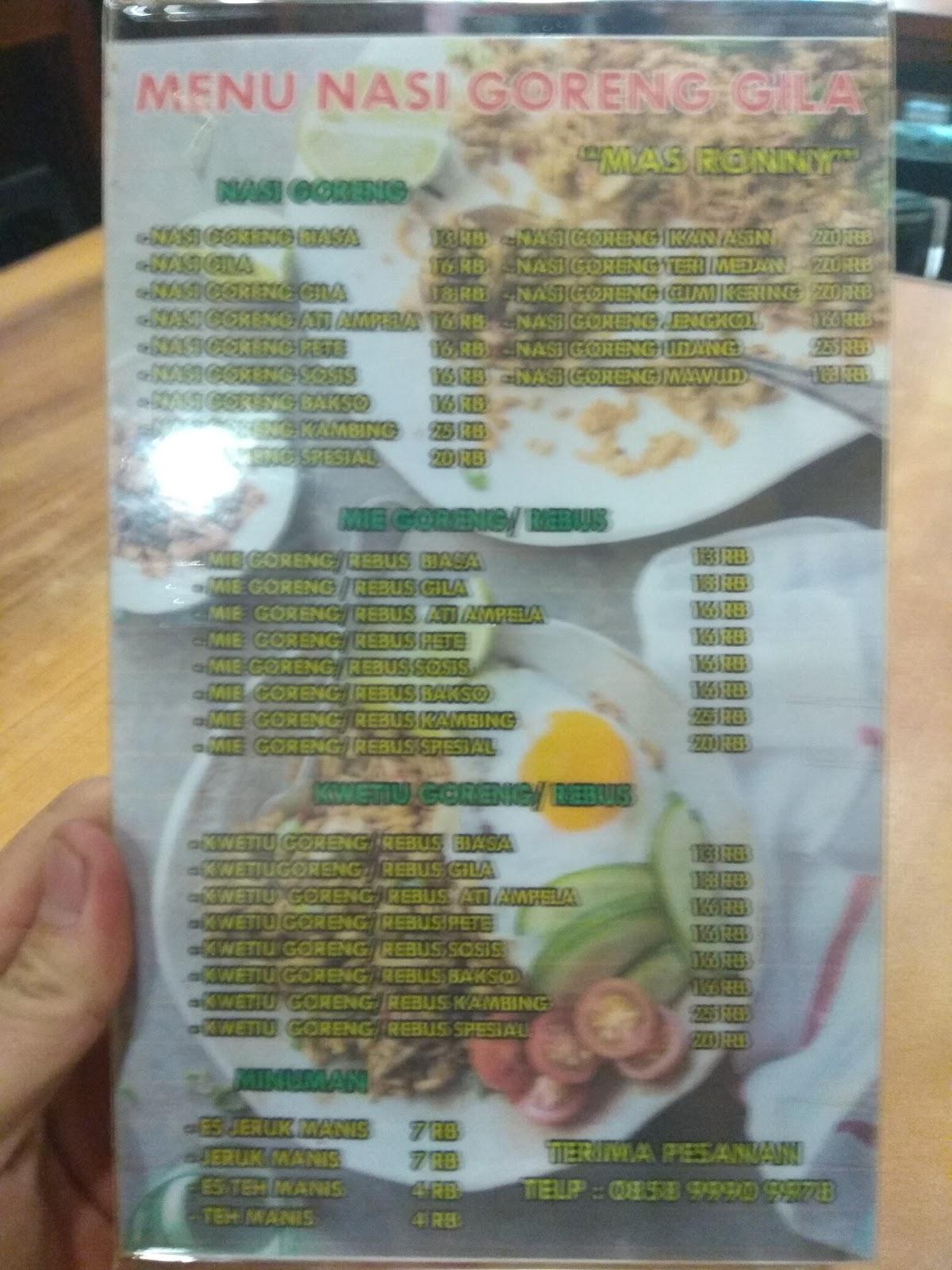 Menu at Nasi Goreng Gila Mas Roni restaurant, West Jakarta