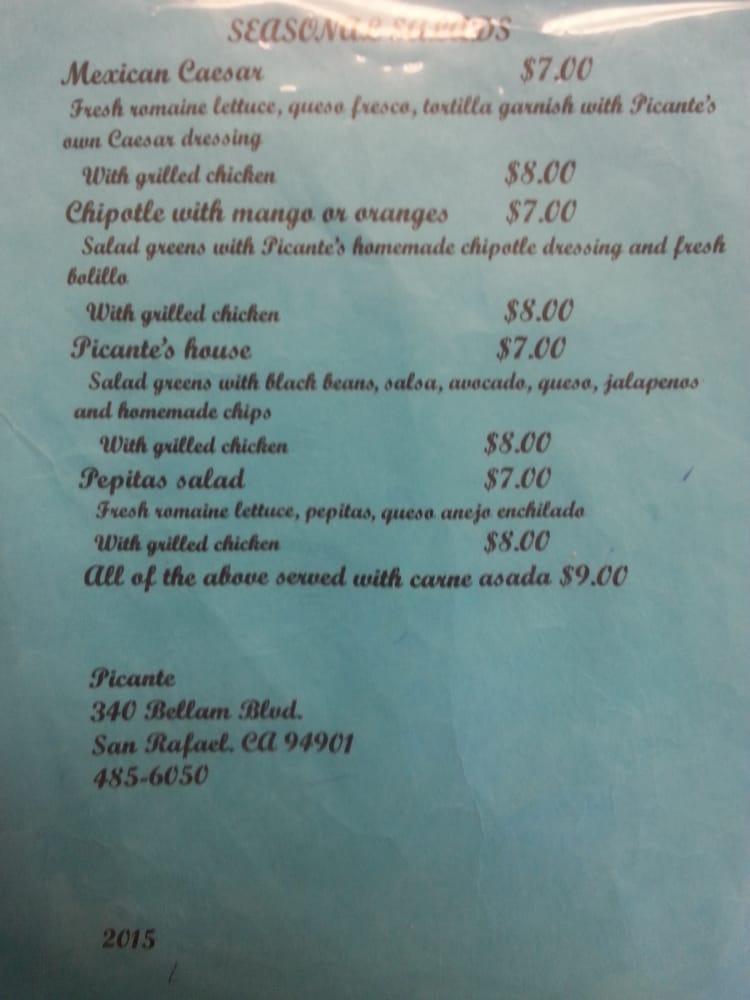 Menu at Picante restaurant, San Rafael