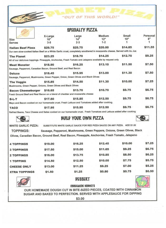 Menu at Planet Pizza pizzeria, Streator