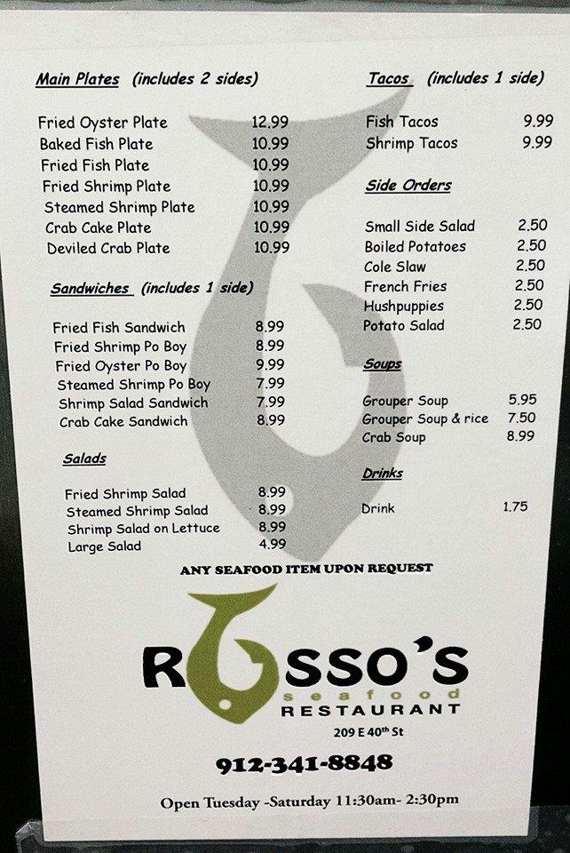 Menu at Russo's Seafood restaurant, Savannah, 201 E 40th St