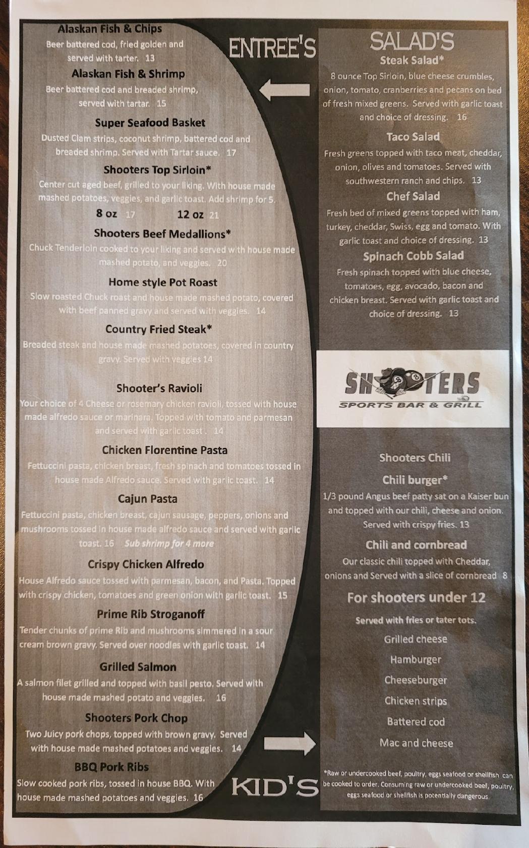 Carta de Shooters Sports Bar, Kennewick