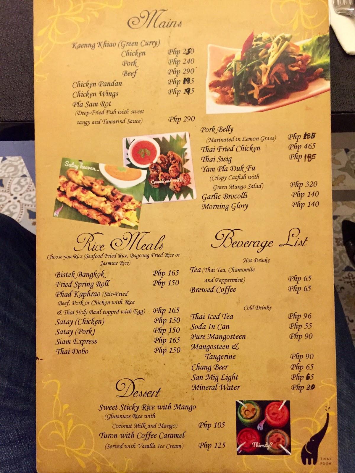 Carta del restaurante Thai Foon, Mariquina