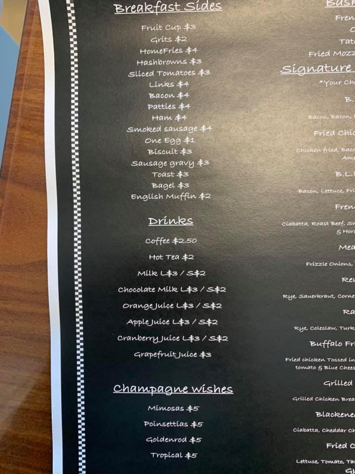 Menu at The Daybreak diner restaurant, Orlando