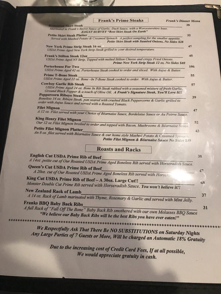 Menu at Frank's Steaks steakhouse, Rockville Centre